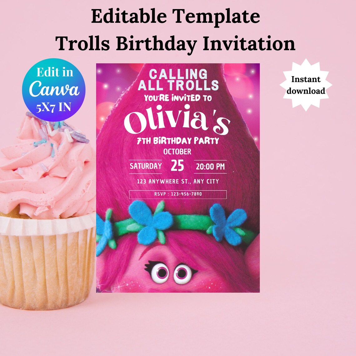Trolls Invitation Template, Editable Trolls Invite, Girl Birthday ...