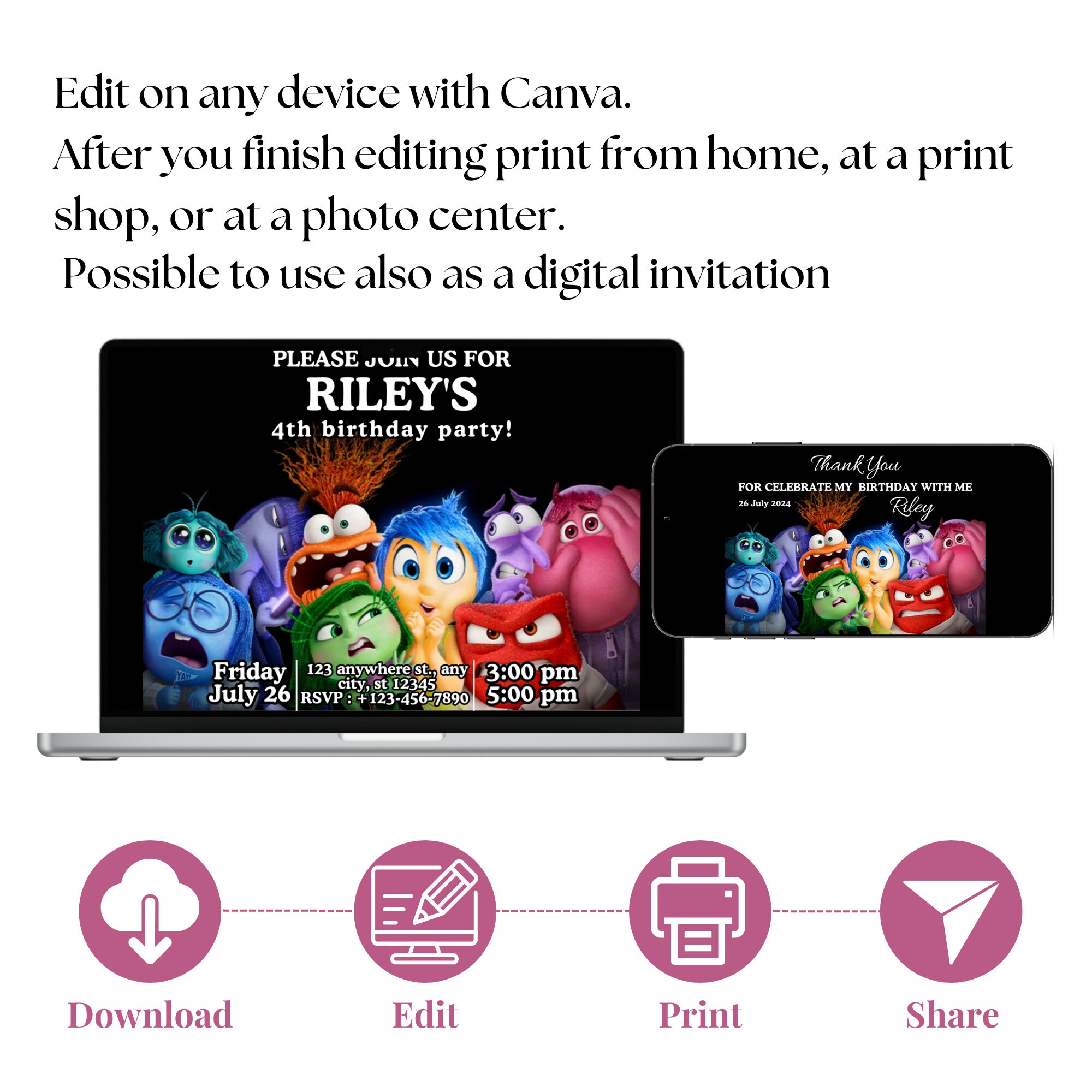 Inside Out 2 Movie Invitation, Inside Out Birthday Invitation, Inside ...