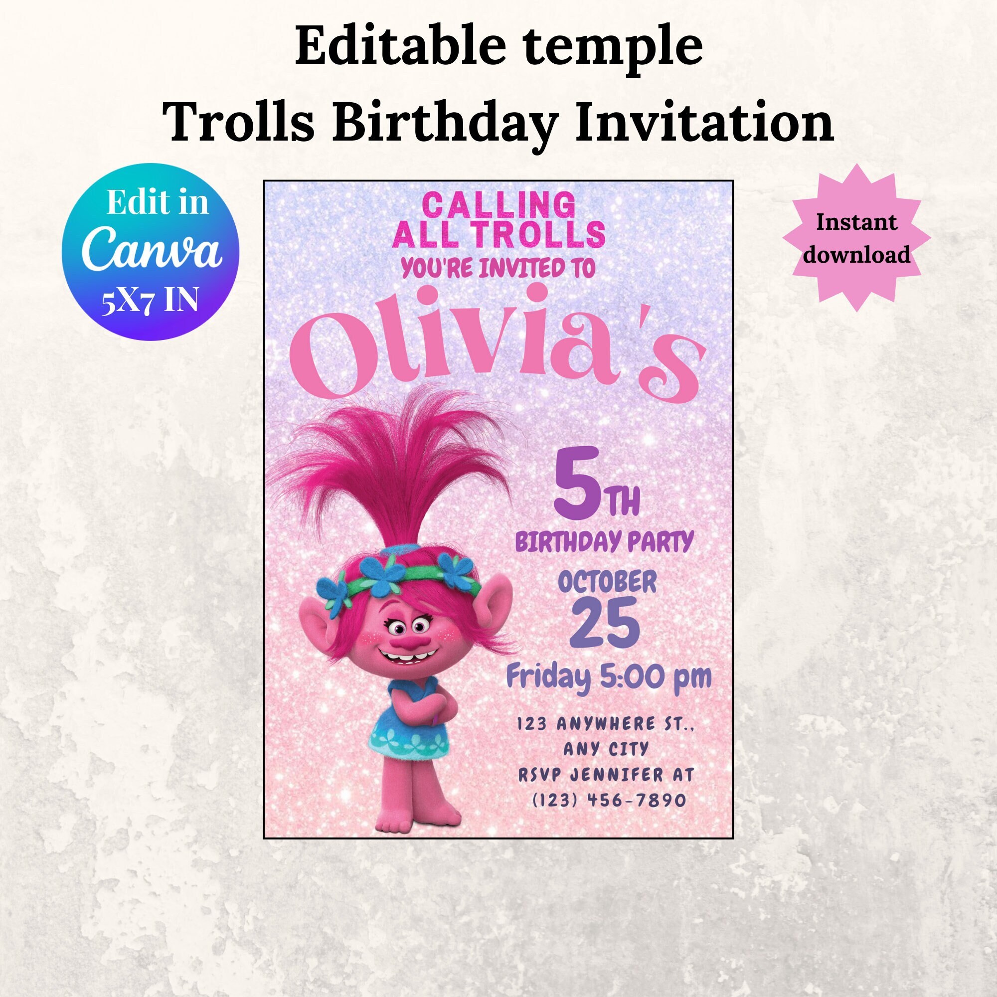 Trolls Invitation Template, Printable Birthday Invitation, Editable ...