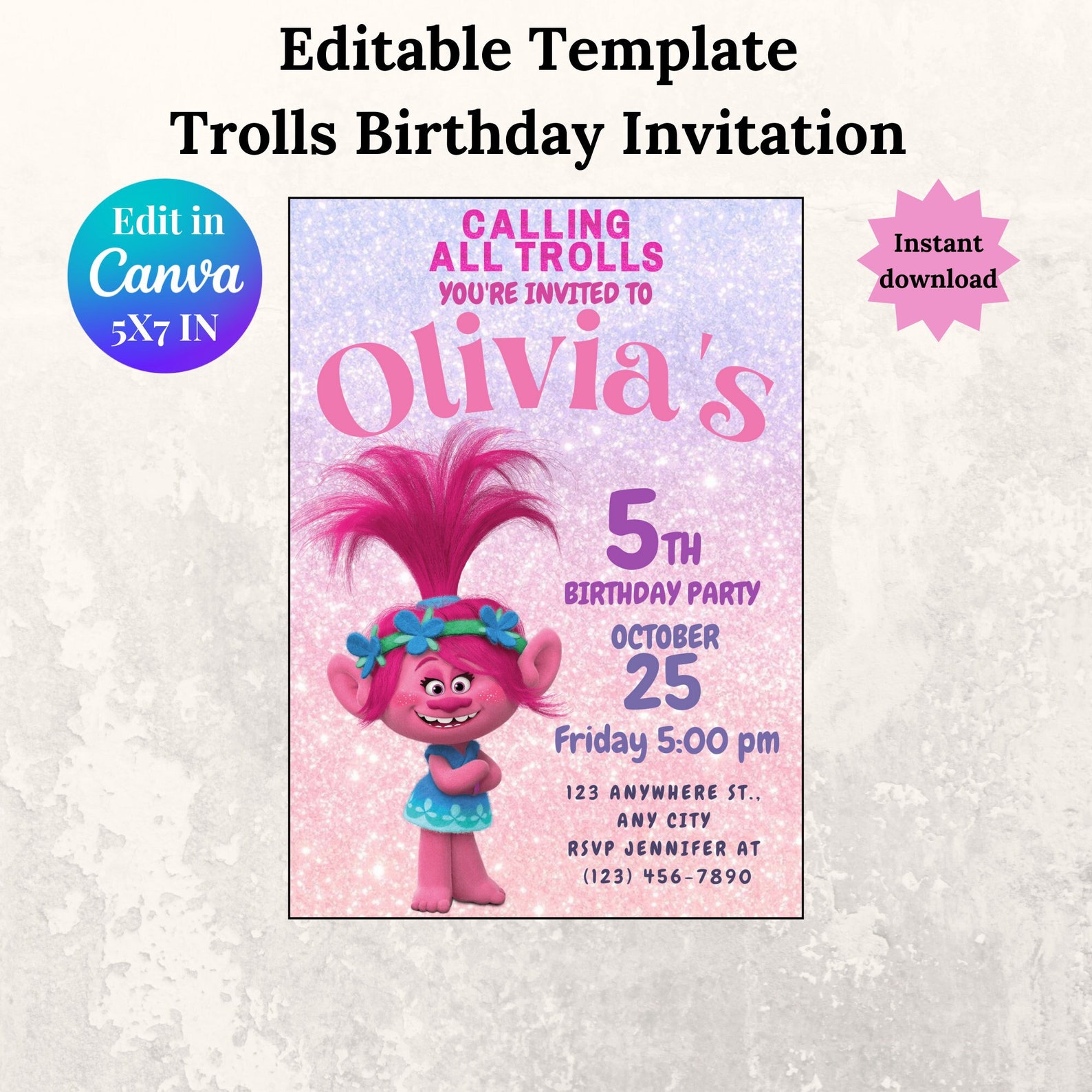 Trolls Invitation Template, Printable Birthday Invitation, Editable ...