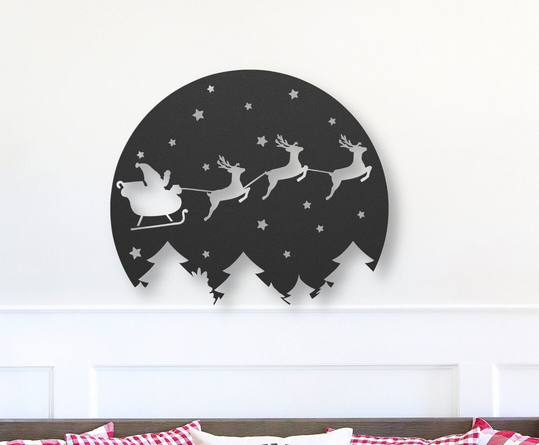 Santa Sleigh and Reindeer Christmas Metal Wall Decor, Christmas Porch ...