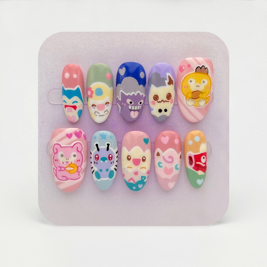 Pokemon Snorlax Psyduck Gengar Slowpoke Minichu Hand-painted Press-on ...