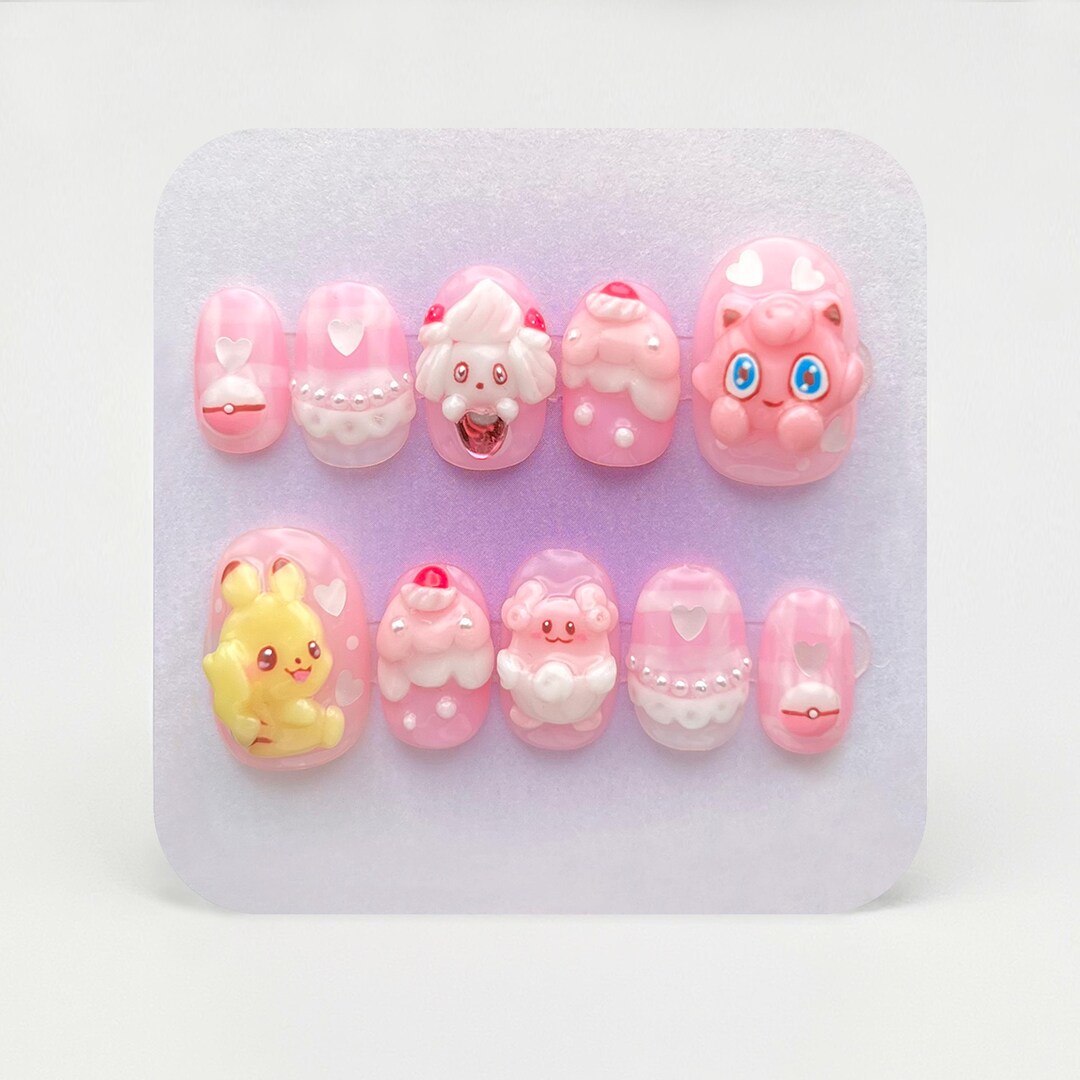 Pokemon Pink Pikachu Jigglypuff Hand-painted Press-on Nails - Etsy