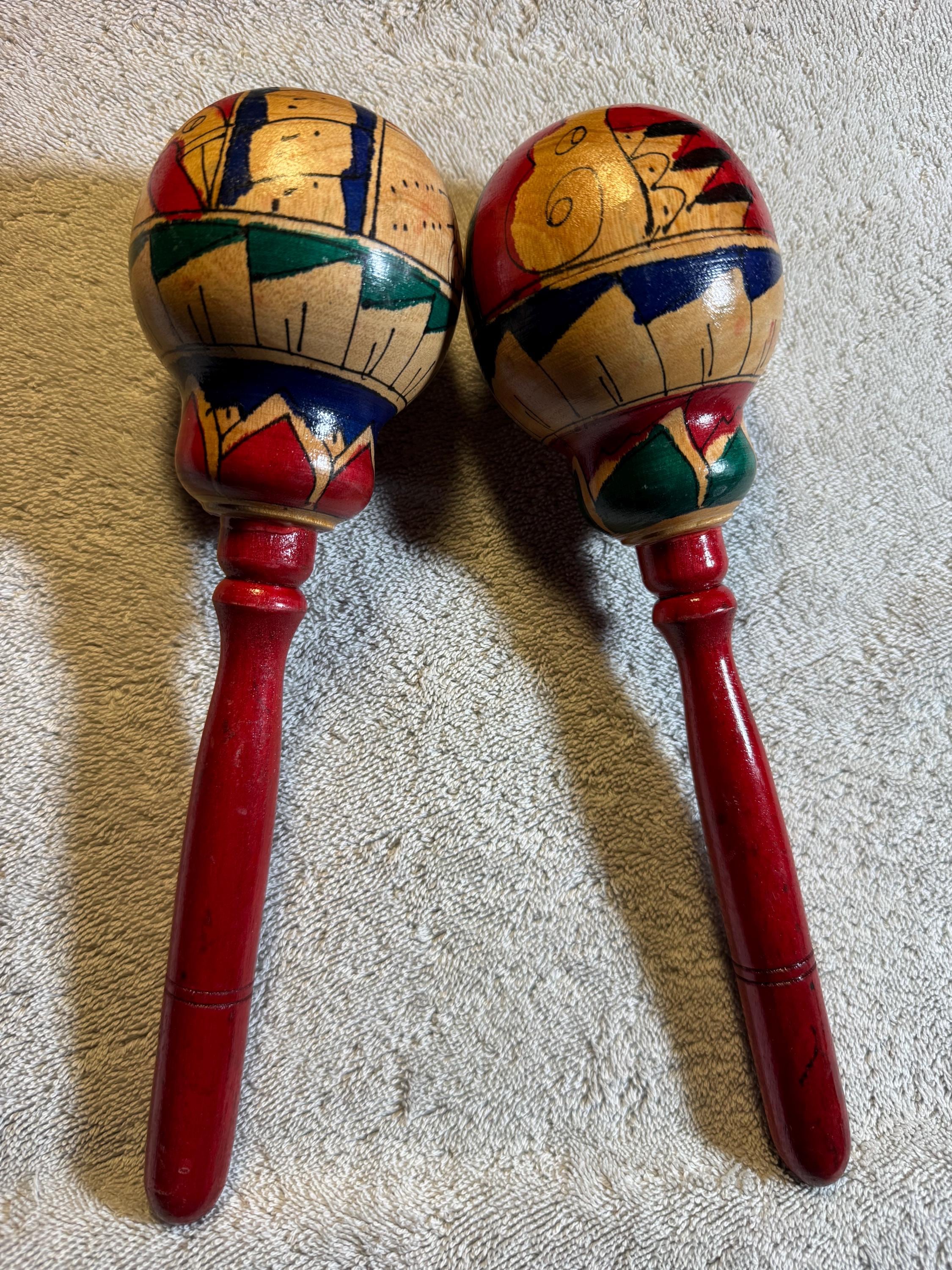 Hand Painted Wooden Maracas, Vibrant Folk Art Musical Shakers, Bohemian ...