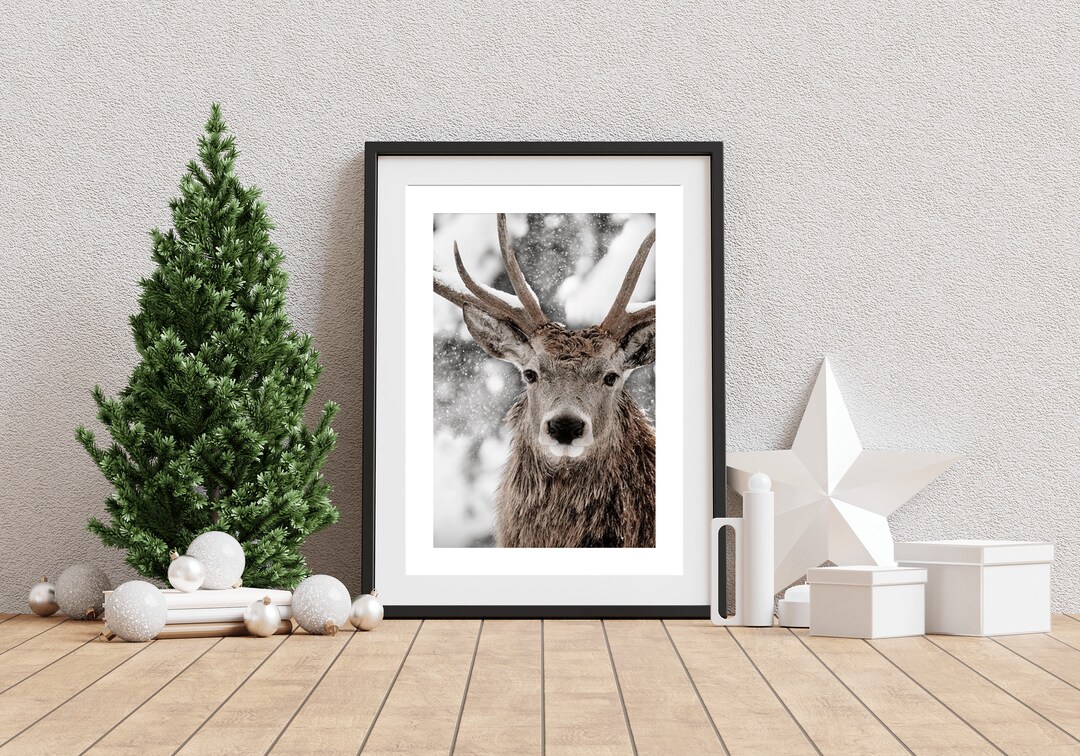 Reindeer Portrait Snowy Wall Art Print Reindeer Poster Reindeer Print ...