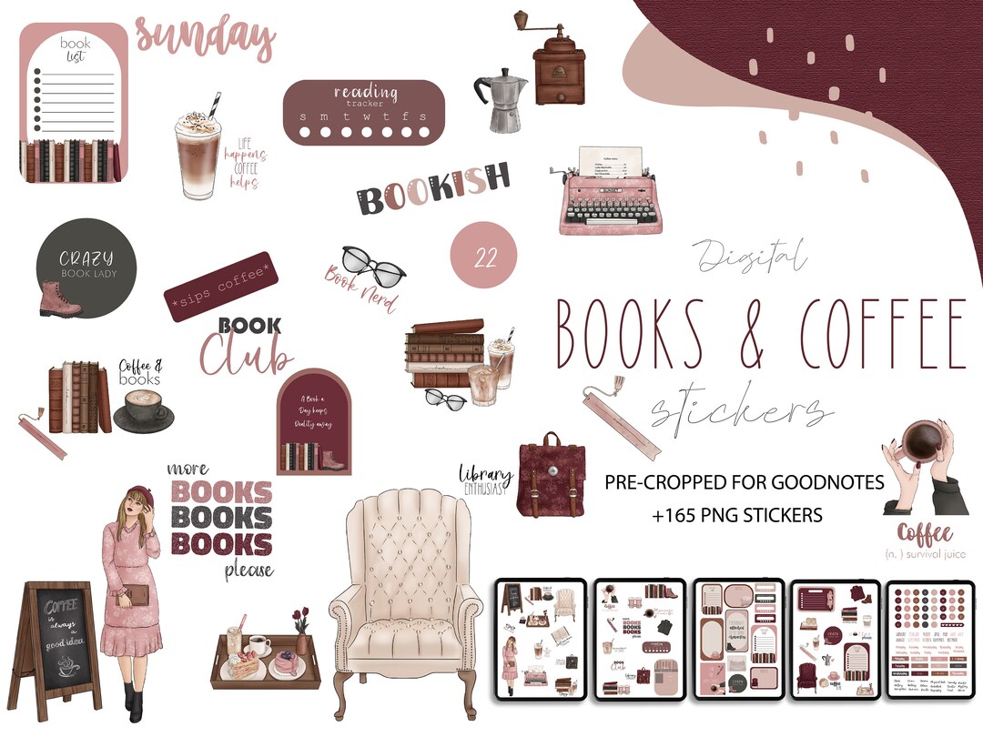 BOOKS Digital Stickers for Goodnotes, Coffee Stickers, Pre-cropped ...