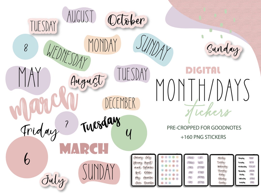 MONTHS & WEEKDAYS Digital Stickers for Goodnotes, Weekday Stickers ...