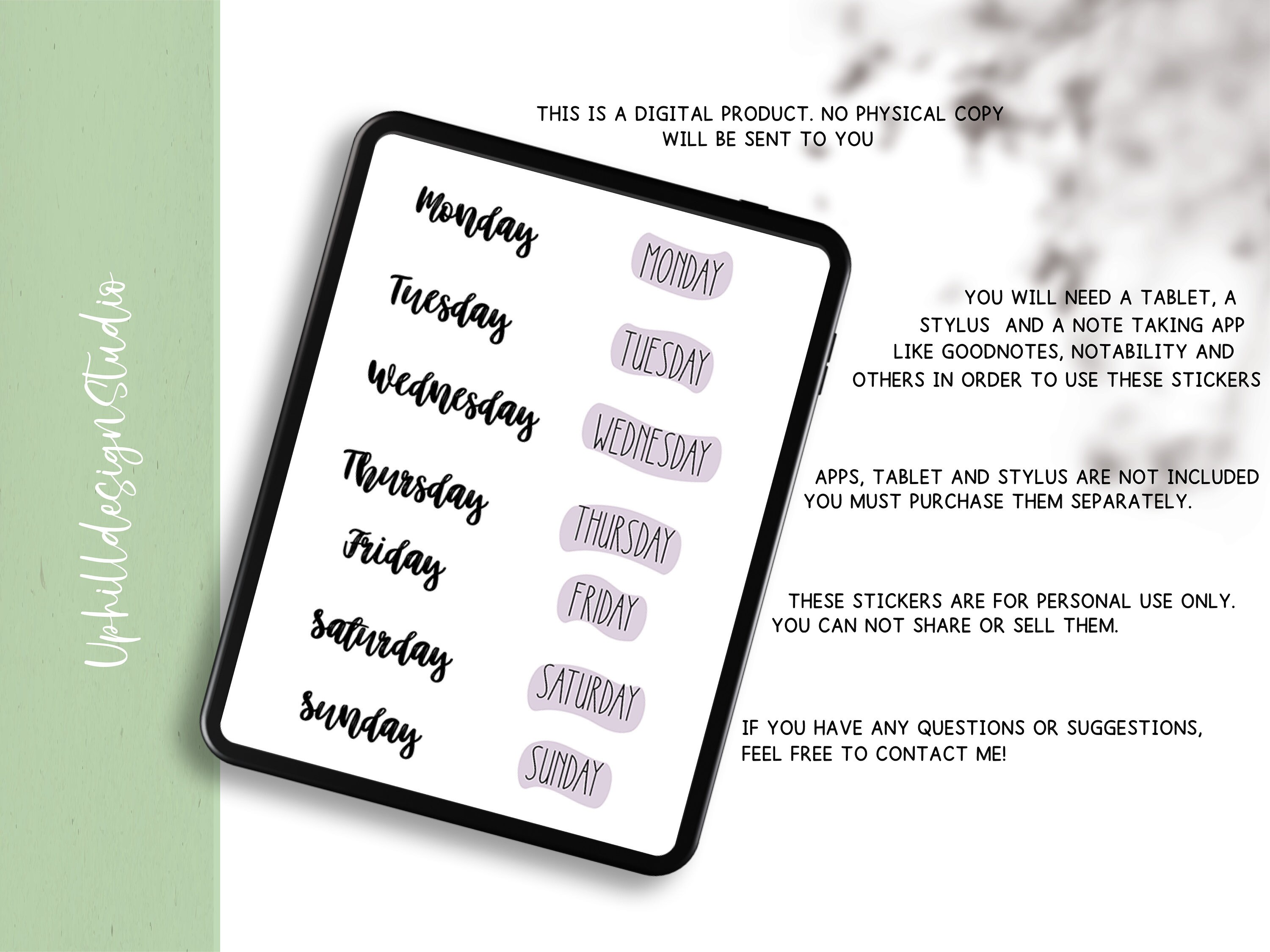 MONTHS & WEEKDAYS Digital Stickers for Goodnotes, Weekday Stickers ...