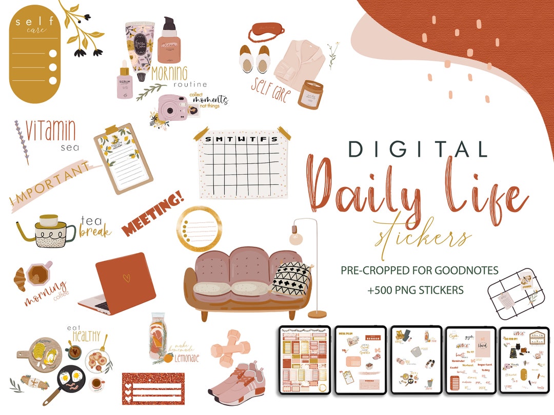 Lifestyle Digital Stickers for Goodnotes, Cute Daily Pre-cropped ...