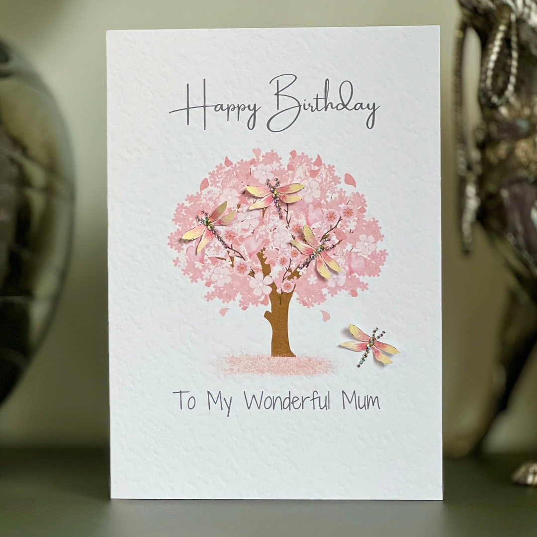Happy Birthday Mum Cherry Tree Card With 3D Dragonfly & Gems, Luxury ...