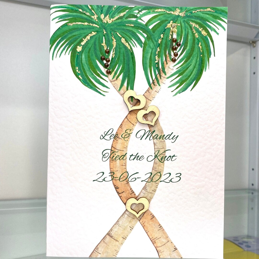 Handmade Personalised Beach Wedding Card With 2 Entwined Palm Trees ...