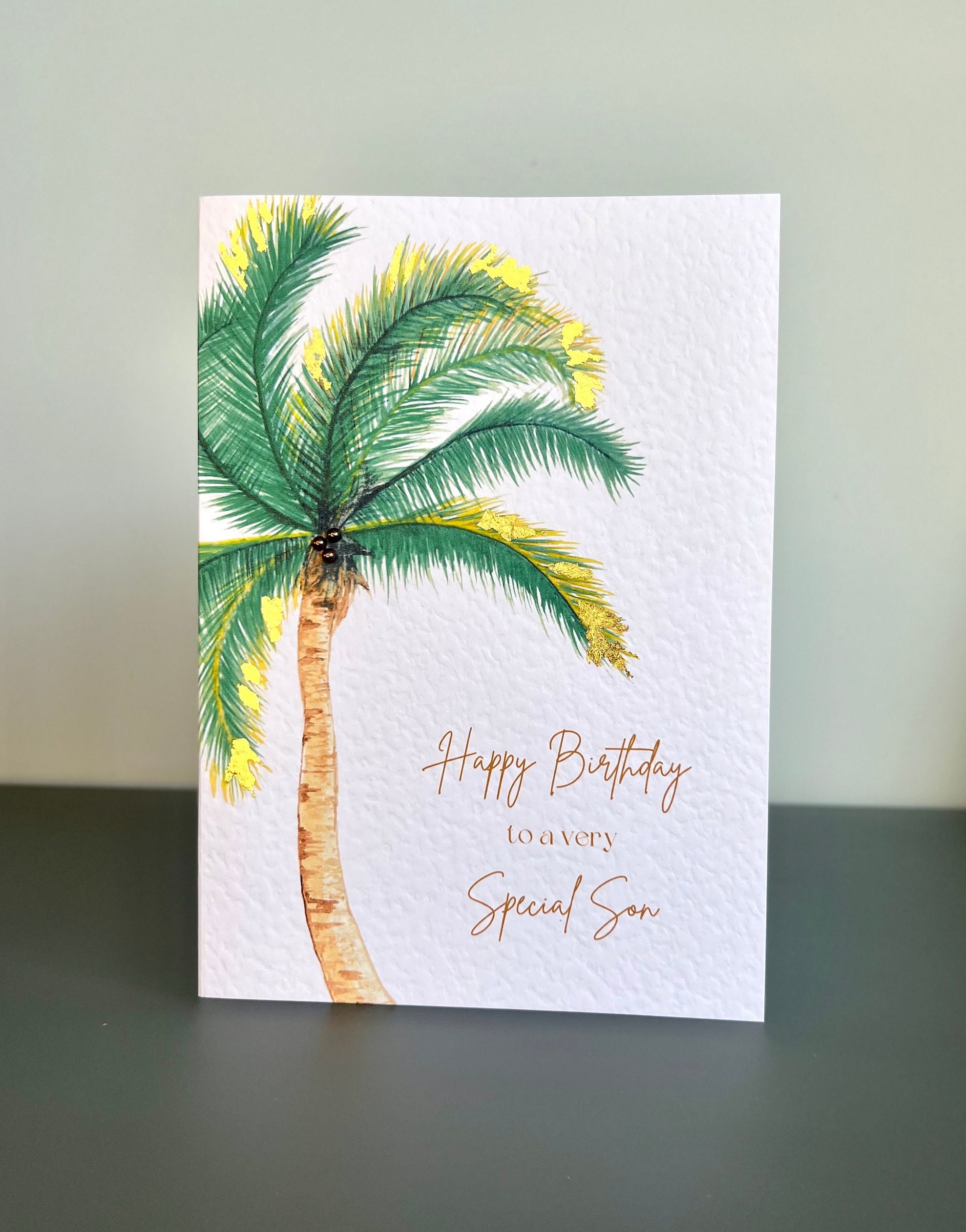 Palm Tree Son Birthday Card With Gold Leaf & Brown Pearls - Etsy