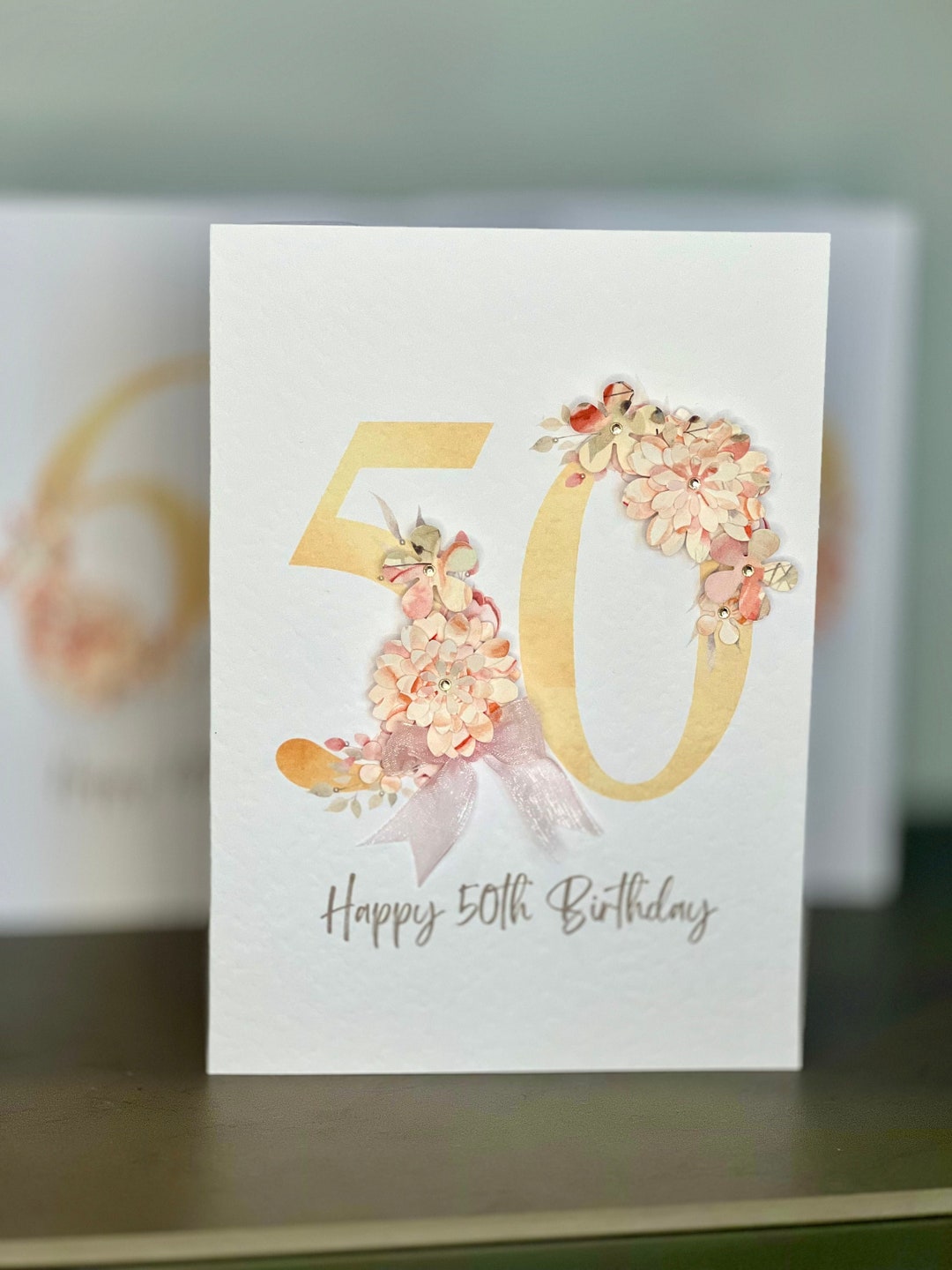Handmade 50th Birthday Card With 3D Flowers Gems & Pink Ribbon, Age ...