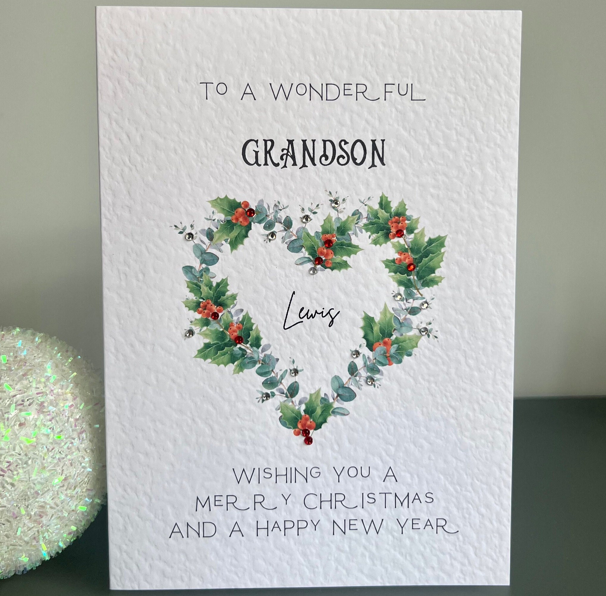 Personalised GRANDSON CHRISTMAS CARD, Handmade Christmas Card Decorated ...