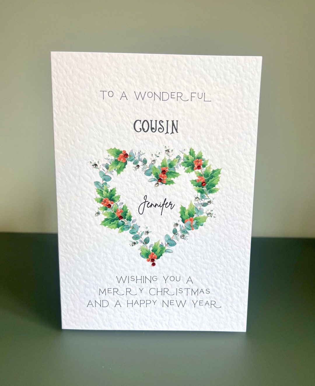 COUSIN CHRISTMAS CARD, Handmade Personalised Christmas Card With Gems ...
