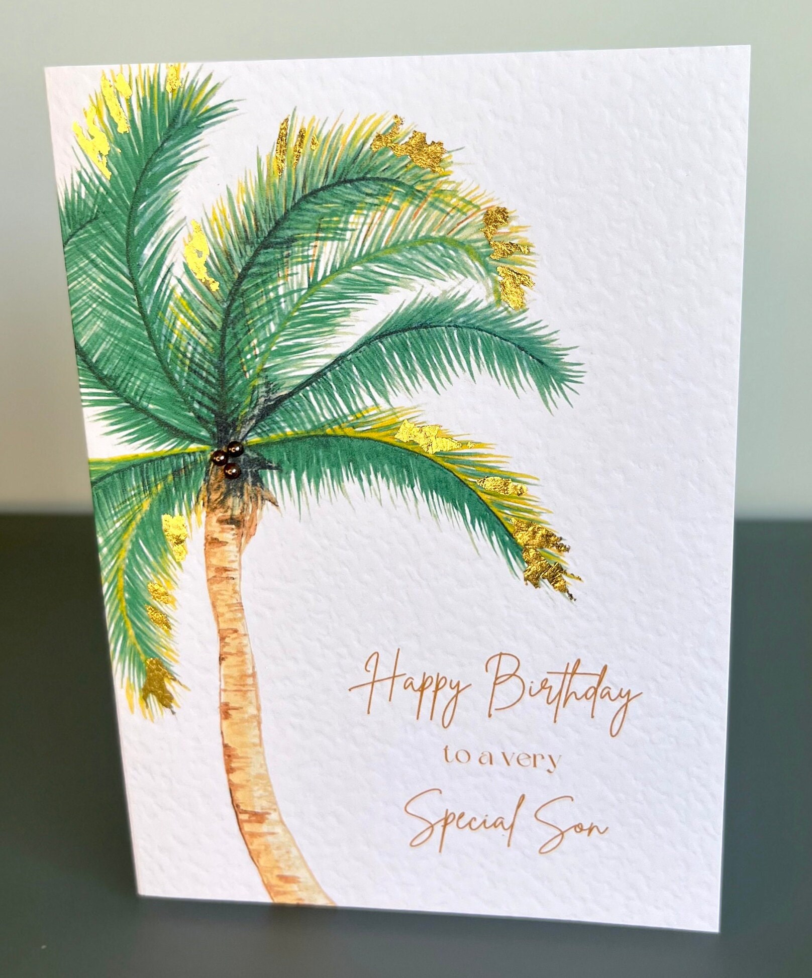 Palm Tree Son Birthday Card With Gold Leaf & Brown Pearls - Etsy