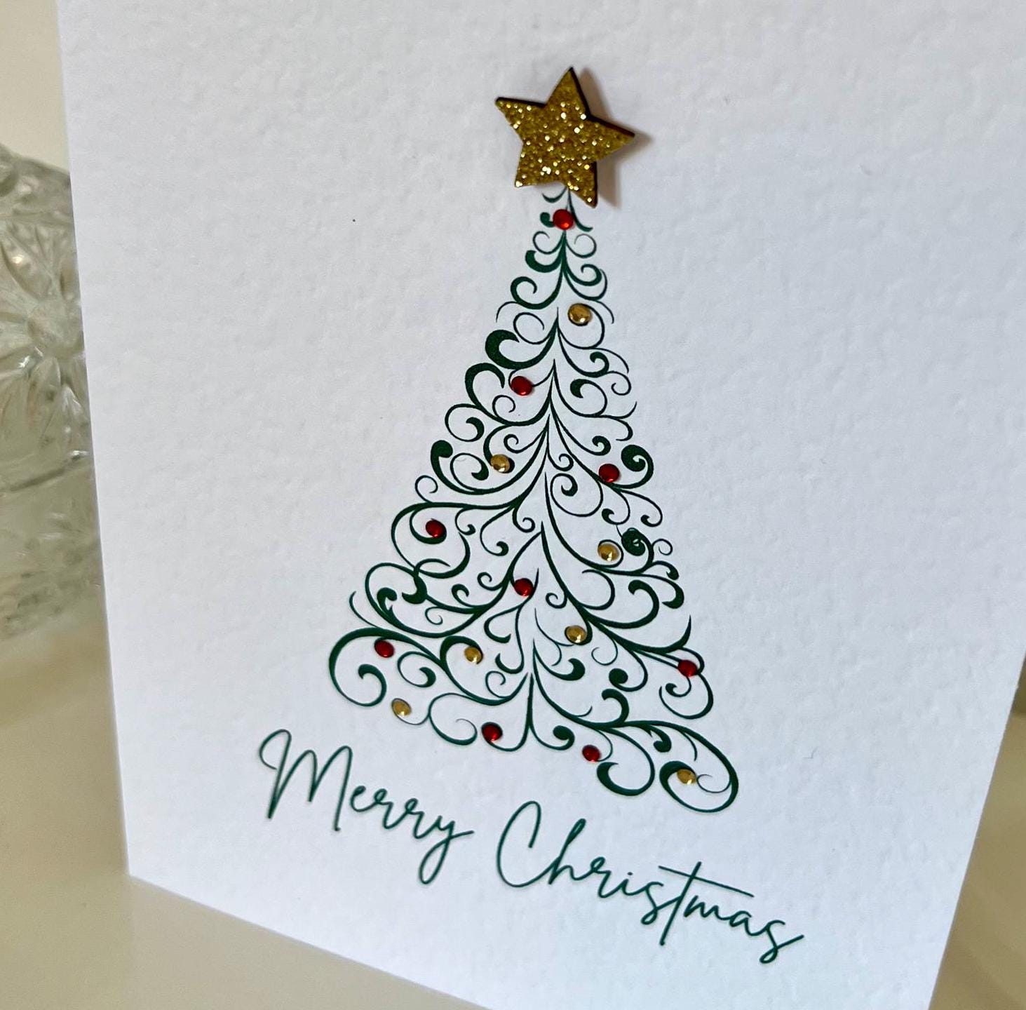 Minimalist Christmas Card Handmade Christmas Tree Card Simple Christmas Card With Christmas Tree Wooden Star Gems Merry Christmas Card Etsy UK