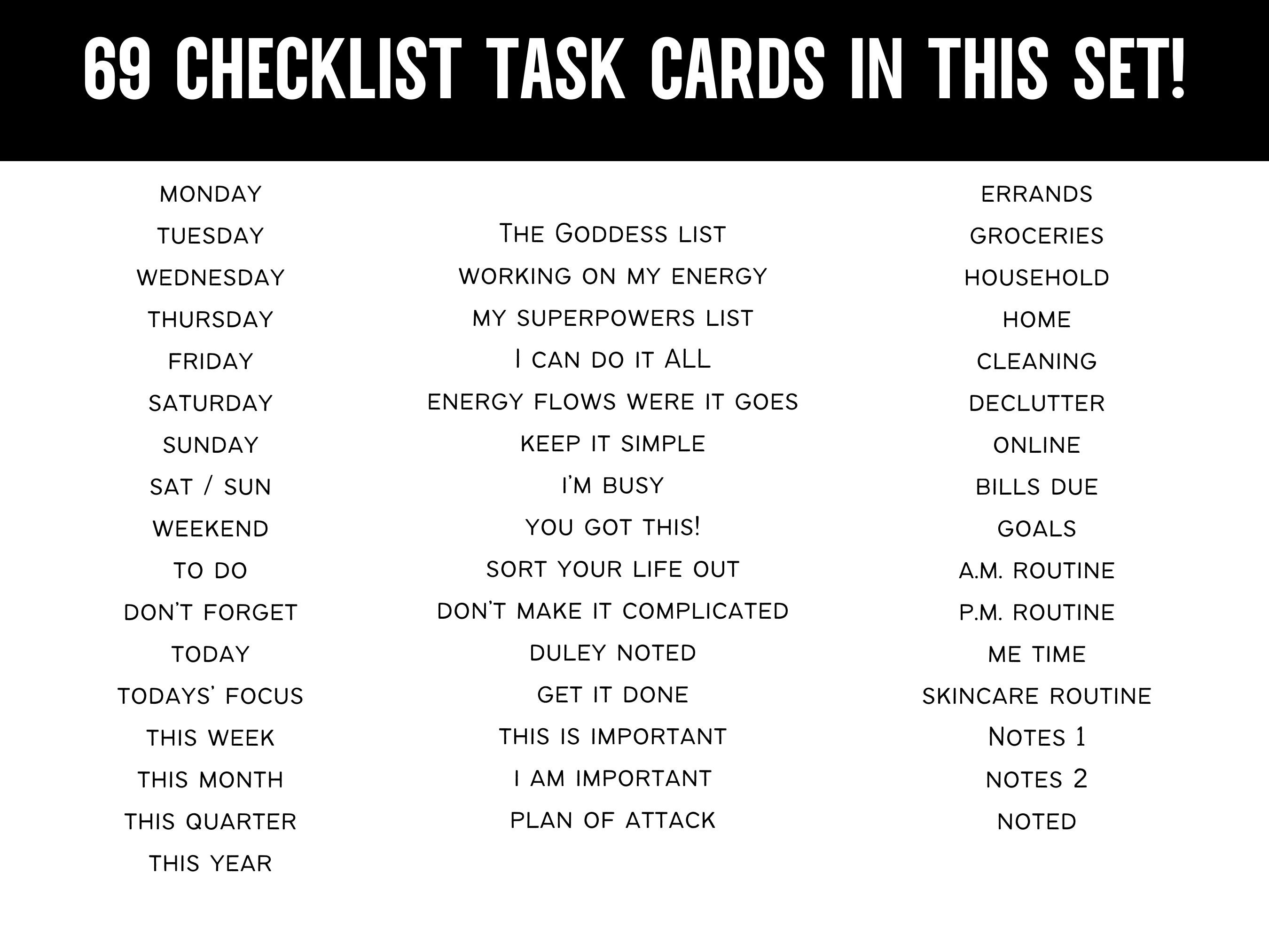 69 Checklist Planner Task Cards, Journaling Cards, Printable ...
