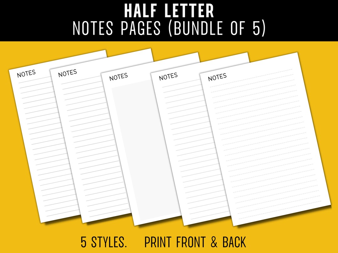 Half Letter Notes Pages (5 Styles), Half Letter Planner Inserts ...
