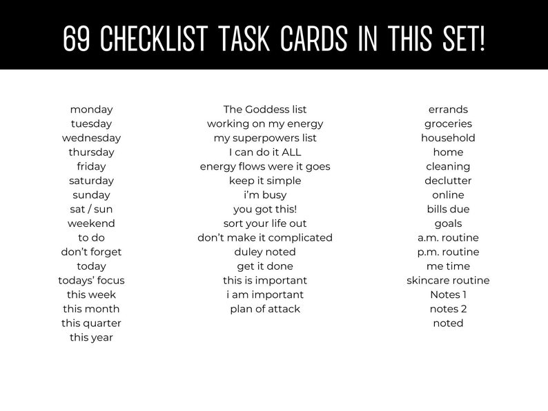 69 Checklist Planner Task Cards, Journaling Cards, Printable ...