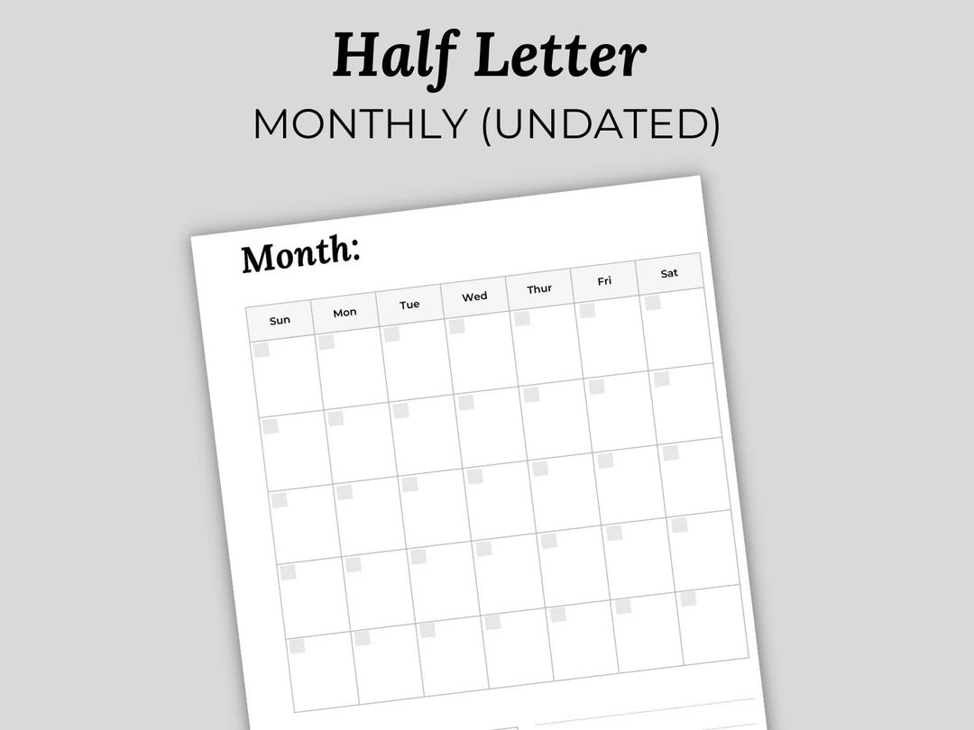 Half Letter Monthly undated, Half Letter Planner Inserts, Half Letter ...