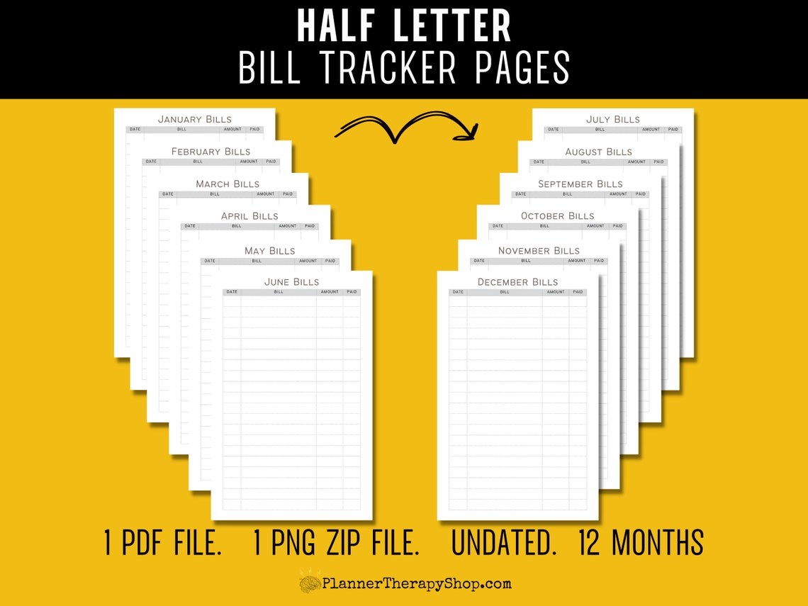 Half Letter Bill Tracker, Half Letter Budget Pages, Half Letter Planner ...