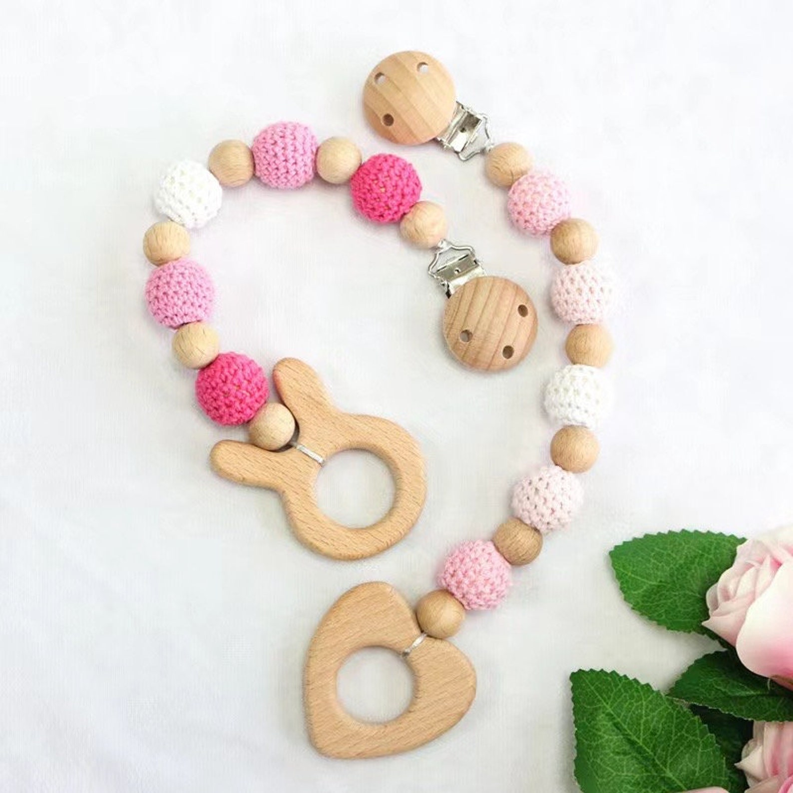 Wood Pacifier Clip Baby Shower Crochet Pacifier Clip - Etsy