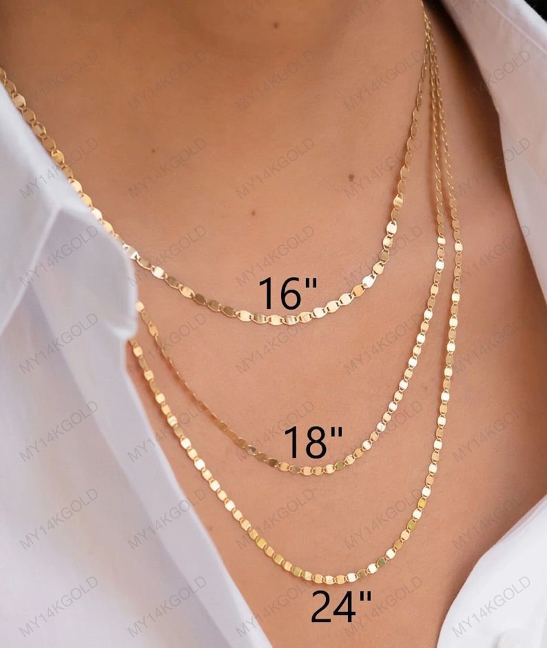 14k Solid Gold Oval Mirror Chain Necklace, Sparkly Layering Necklace ...