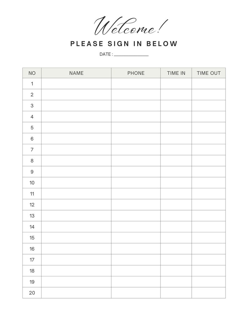 Welcome Sign-in Sheet-pdf Download - Etsy
