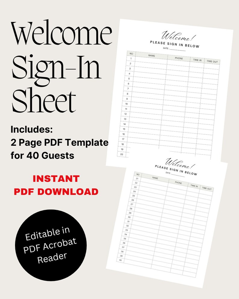 Welcome Sign-in Sheet-pdf Download - Etsy
