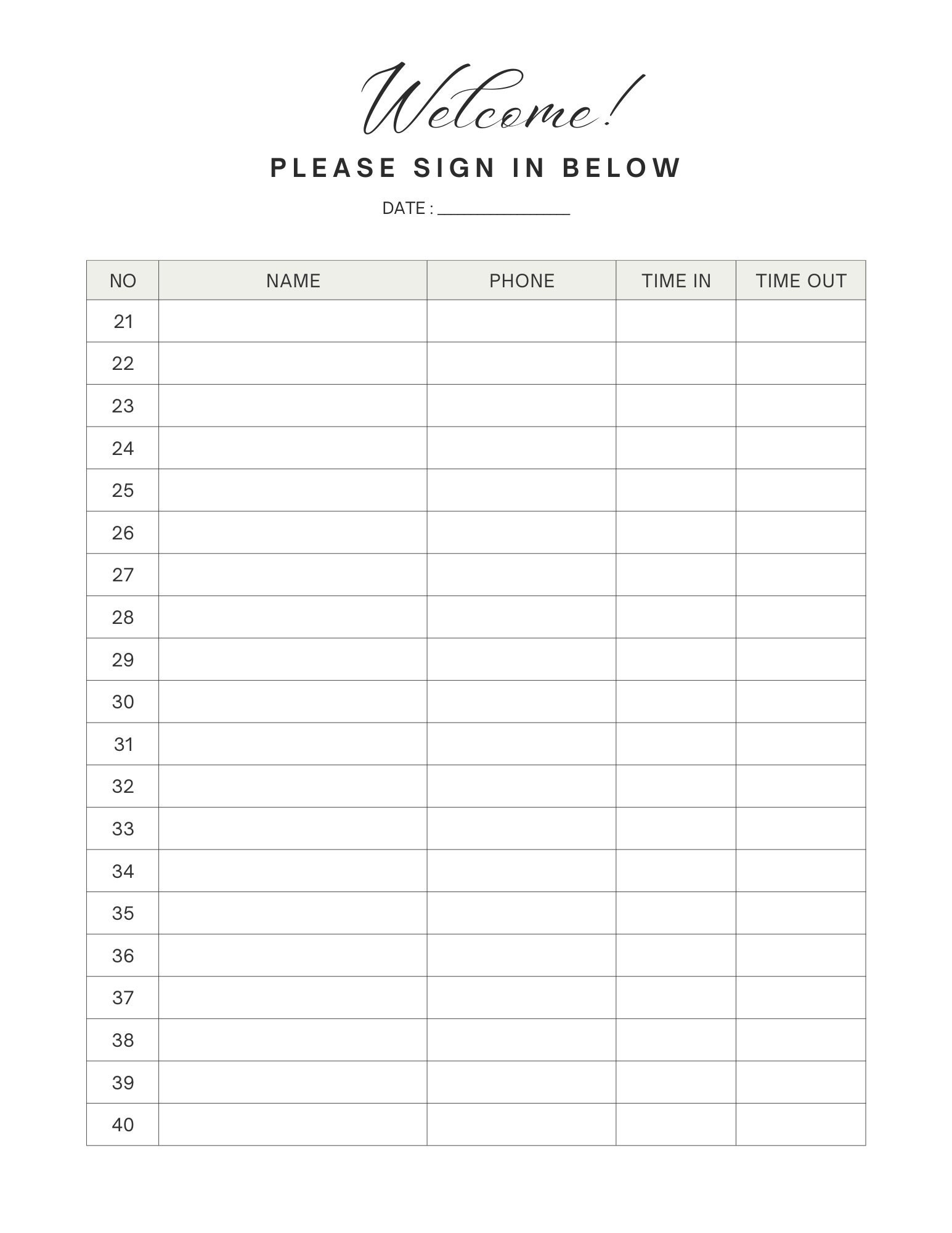 Welcome Sign-in Sheet-pdf Download - Etsy