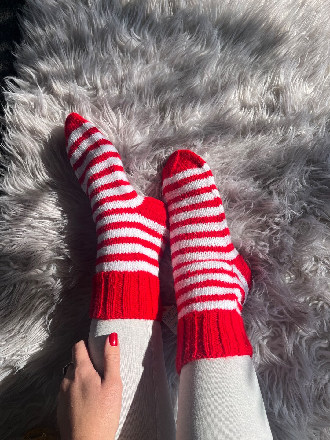 Handmade Acrylic Knitted Socks: Red and White Striped Cozy Socks - Etsy
