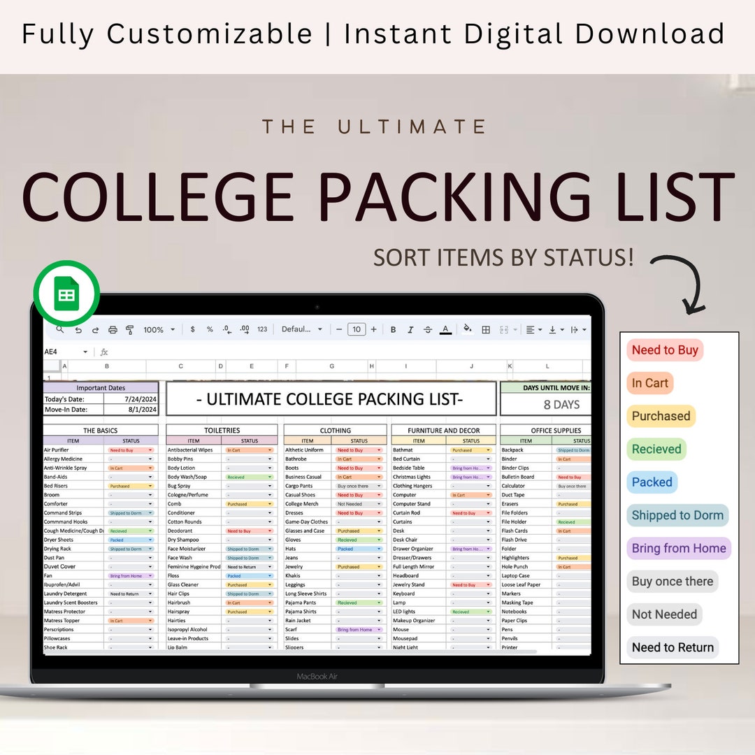 College Dorm Packing List | College Prep Packing List Tracker for Dorm ...