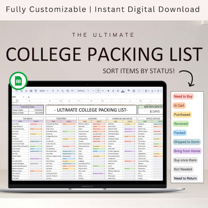 College Dorm Packing List | College Prep Packing List Tracker for Dorm ...