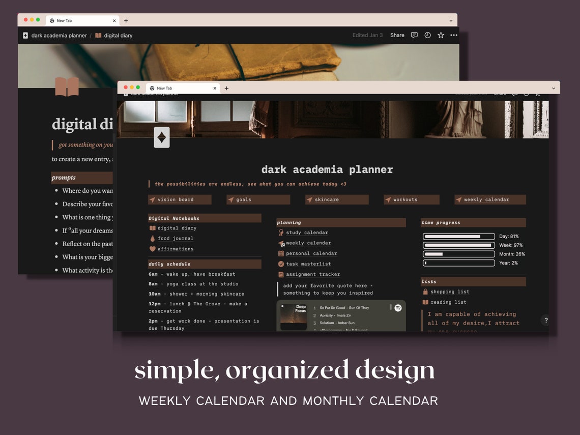 Notion Dashboard 2024 Notion Template Dark Academia Dark Mode Editable Notion Template for ...
