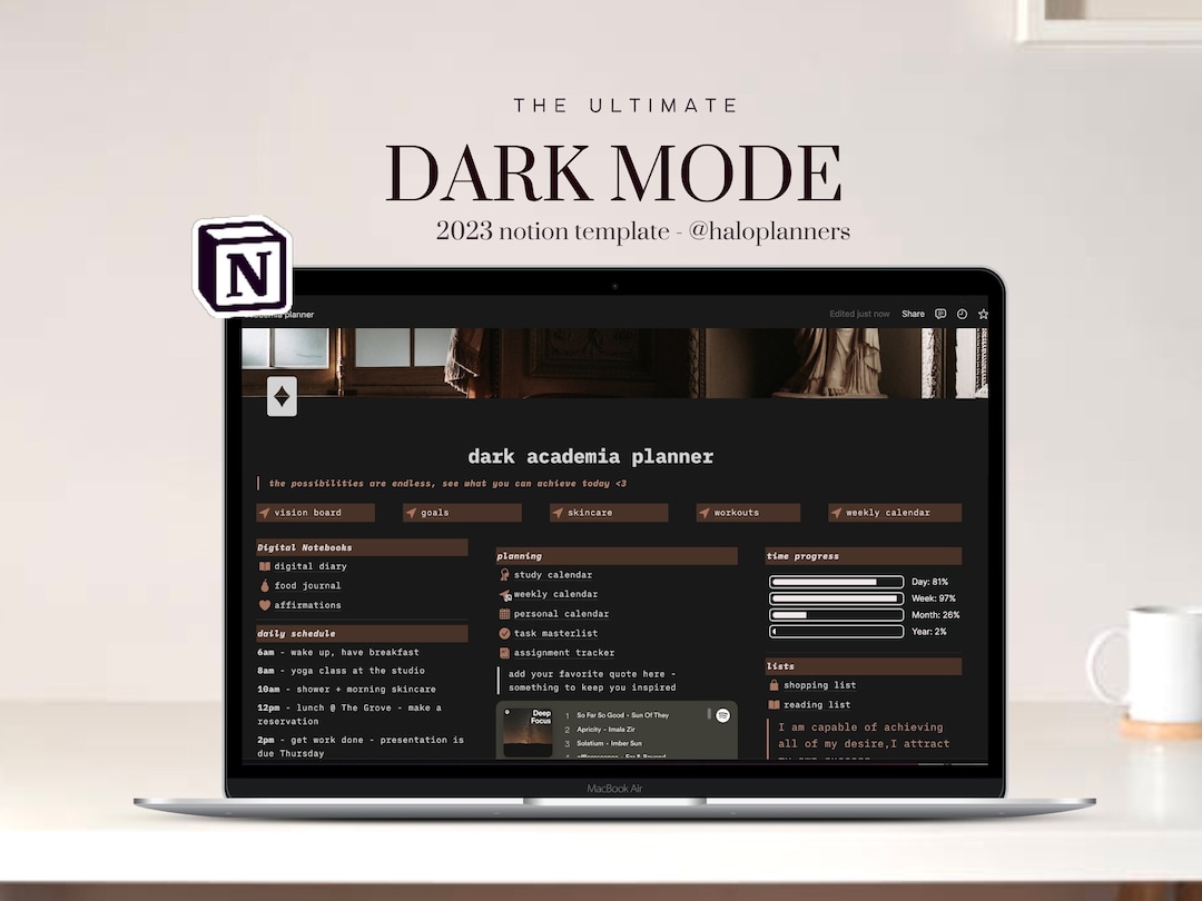 Notion Dashboard 2024 Notion Template | Dark Academia | Dark Mode ...
