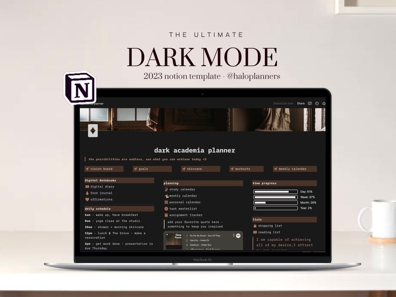 Notion Dashboard 2024 Notion Template | Dark Academia | Dark Mode ...