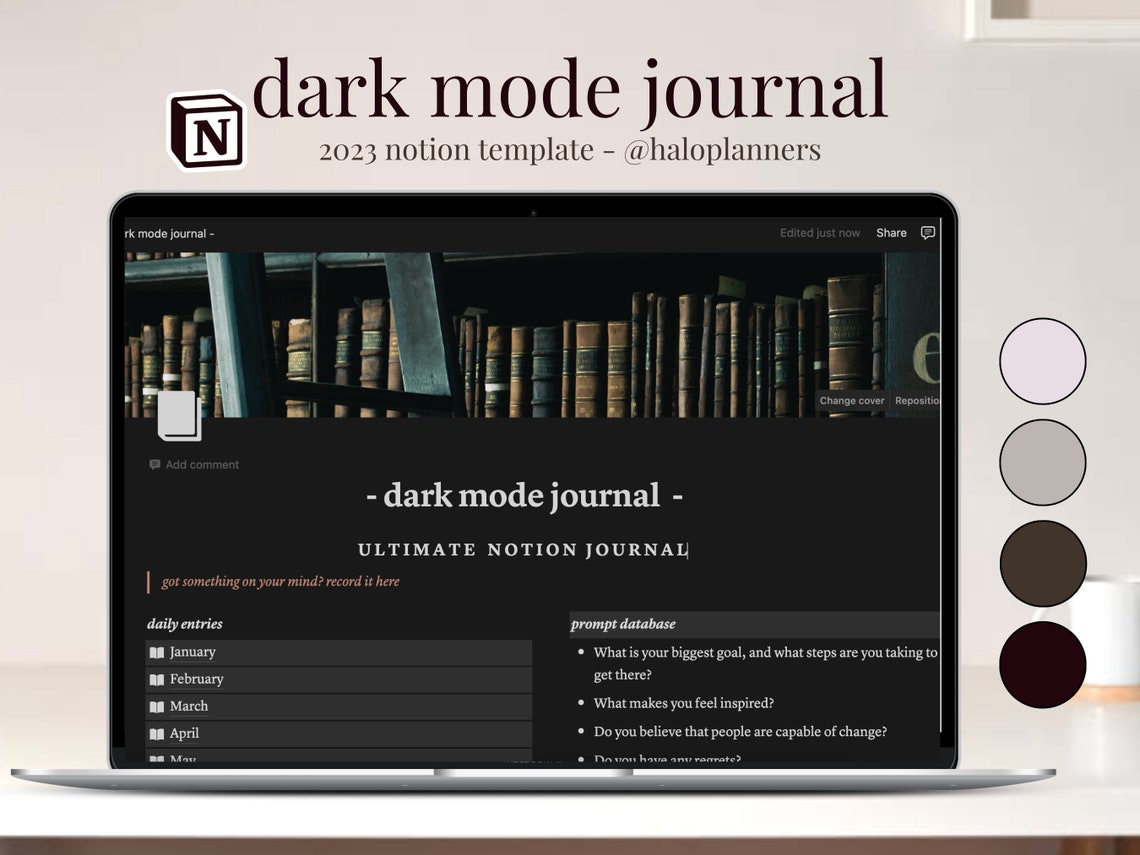 Notion Dark Mode Journal Dashboard 2024 Notion Journal Dark Academia Editable Notion Template ...