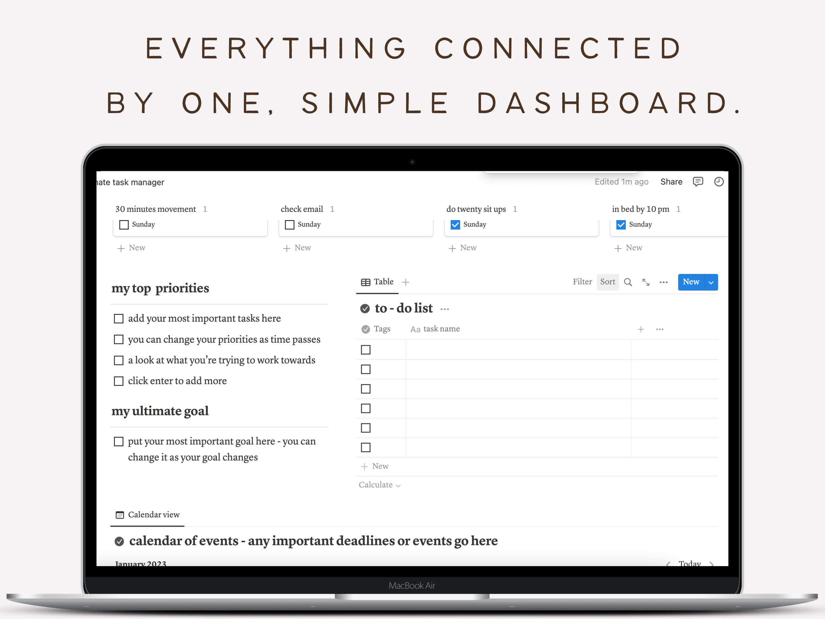 2024 Task Manger Notion Template Daily To-do List Planner for Notion Minimalist Notion Dashboard ...
