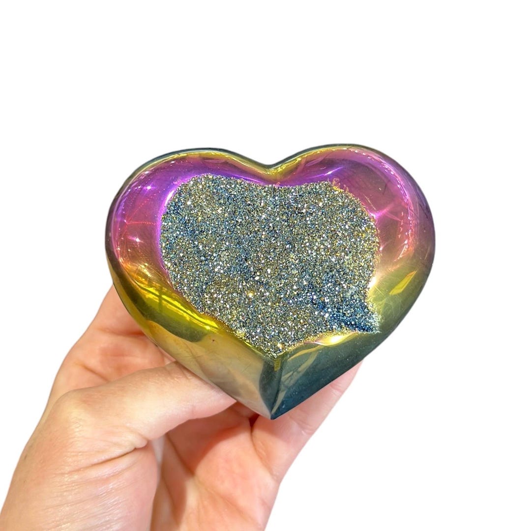 Radiant Rainbow Titanium Aura Quartz Heart Crystal | Heart-shaped ...