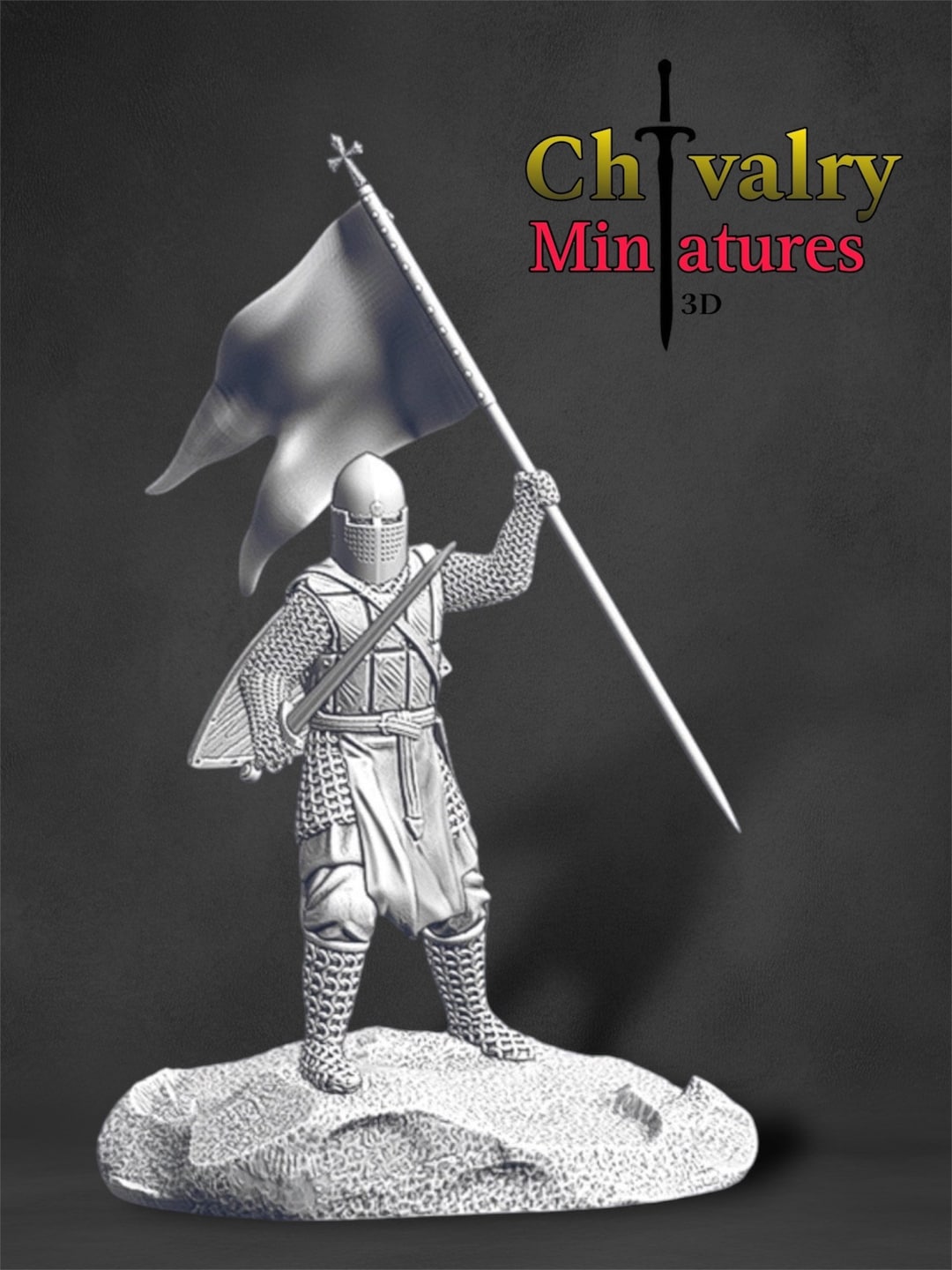 Crusader With Banner on Rock, 1/72, 28mm, 32mm, 1/35, 54mm, 75mm, 1/16 ...