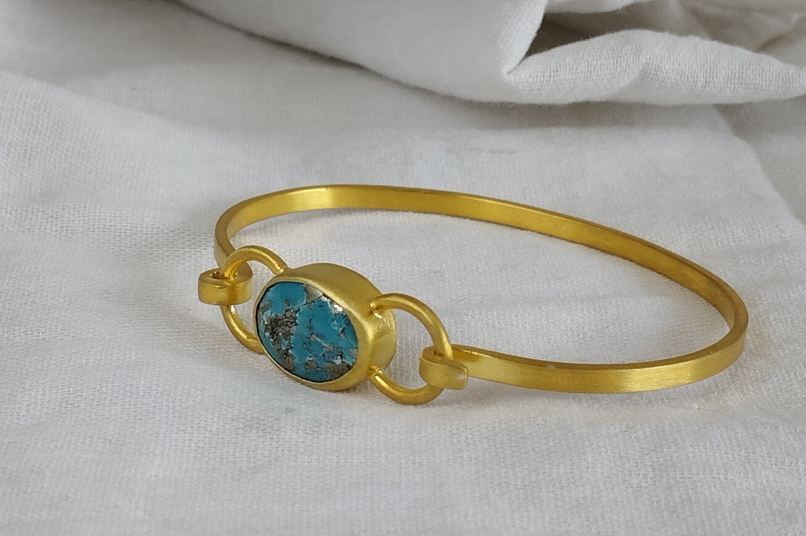 24K Gold Thin Flat Dainty Bangle, Bezel Set Persian Turquoise Hook ...
