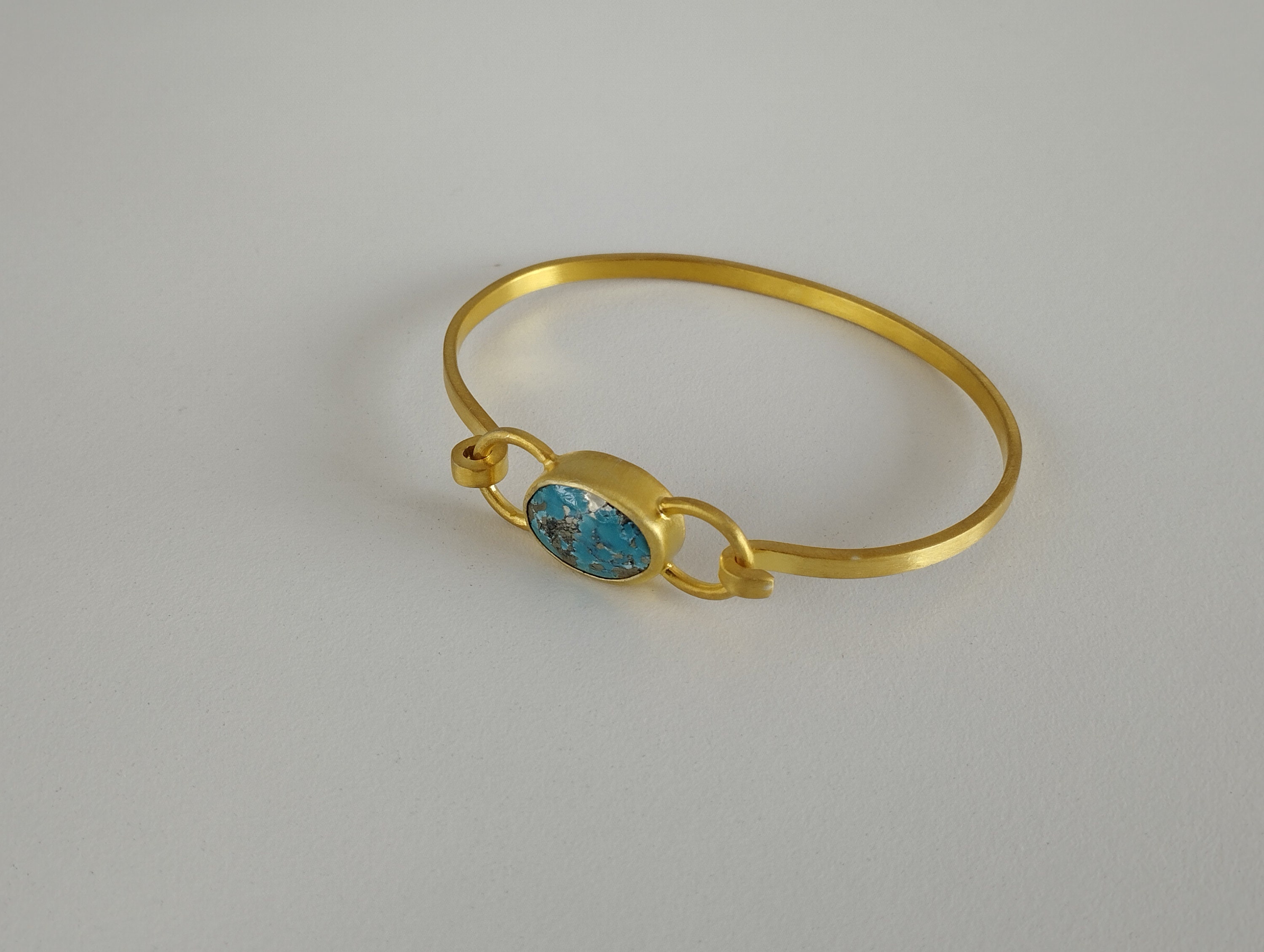 24K Gold Thin Flat Dainty Bangle, Bezel Set Persian Turquoise Hook ...