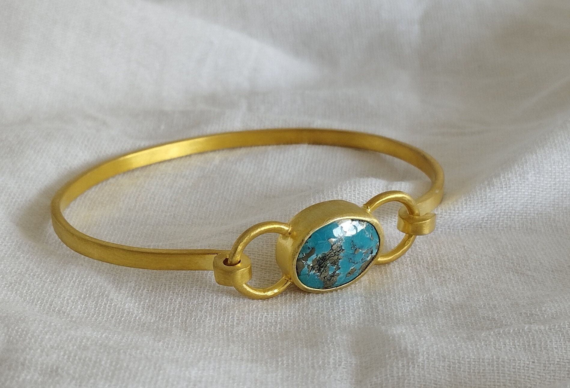 24K Gold Thin Flat Dainty Bangle, Bezel Set Persian Turquoise Hook ...