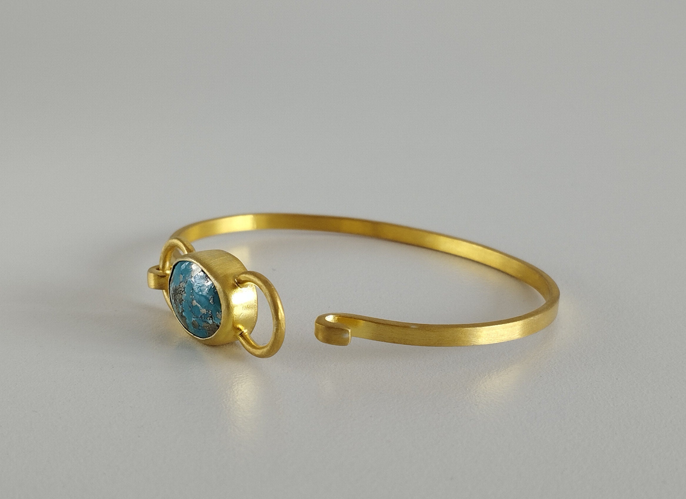 24K Gold Thin Flat Dainty Bangle, Bezel Set Persian Turquoise Hook ...
