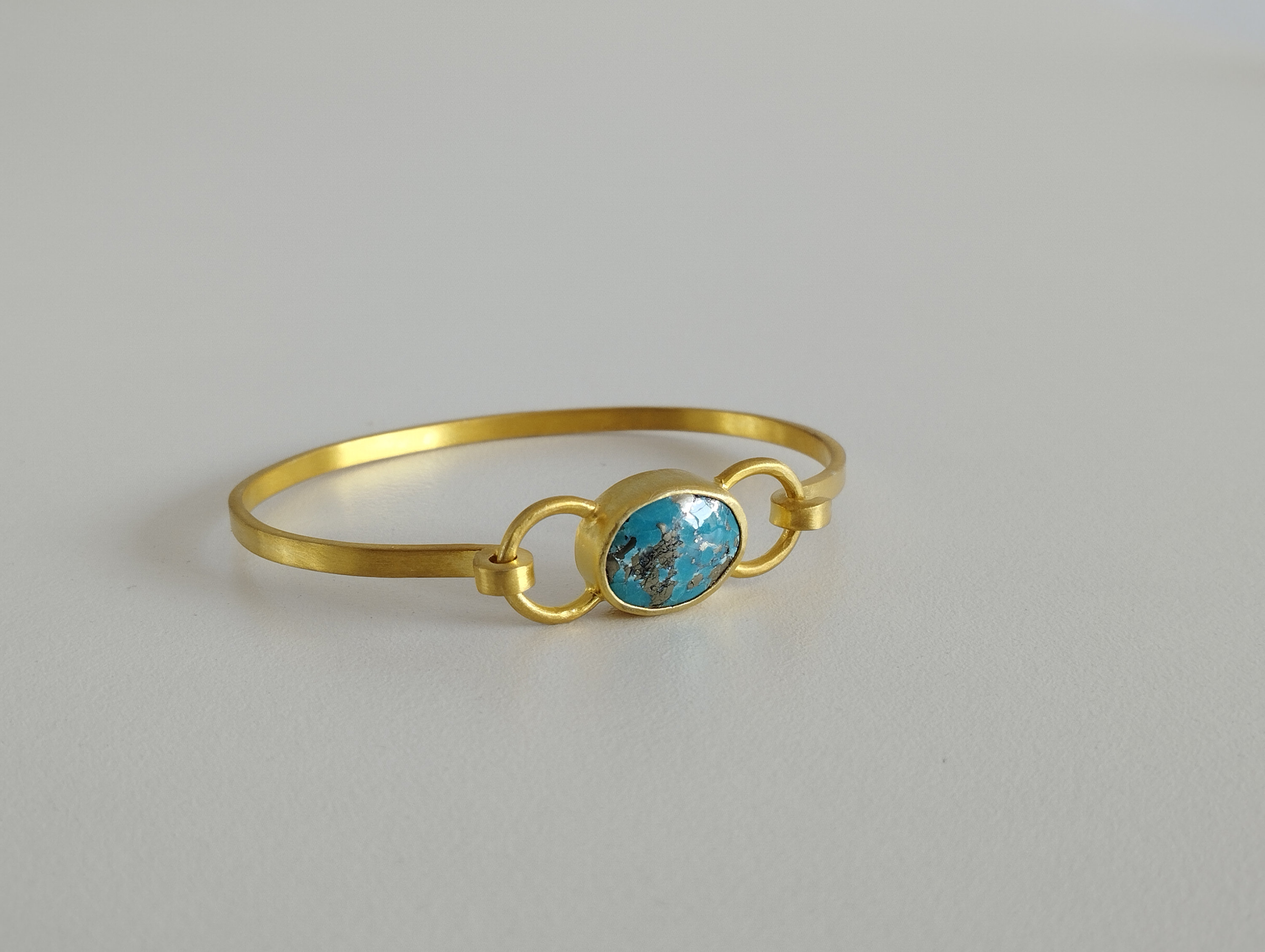 24K Gold Thin Flat Dainty Bangle, Bezel Set Persian Turquoise Hook ...