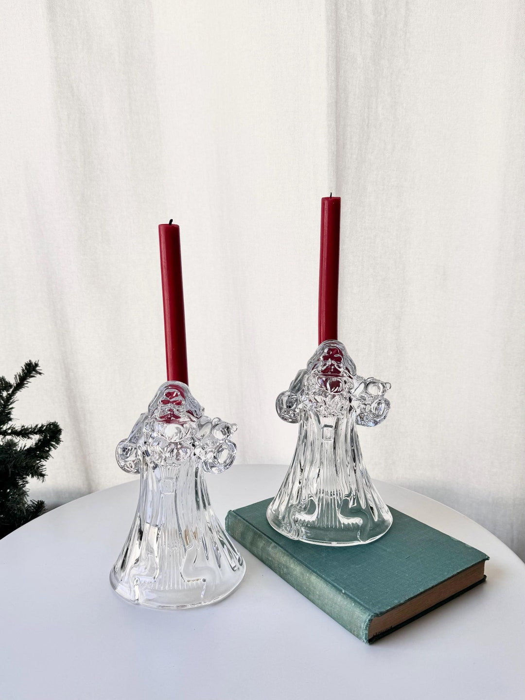 Vintage Pair of Crystal Glass Santa Claus Candlestick Holders/ Set of 2 ...