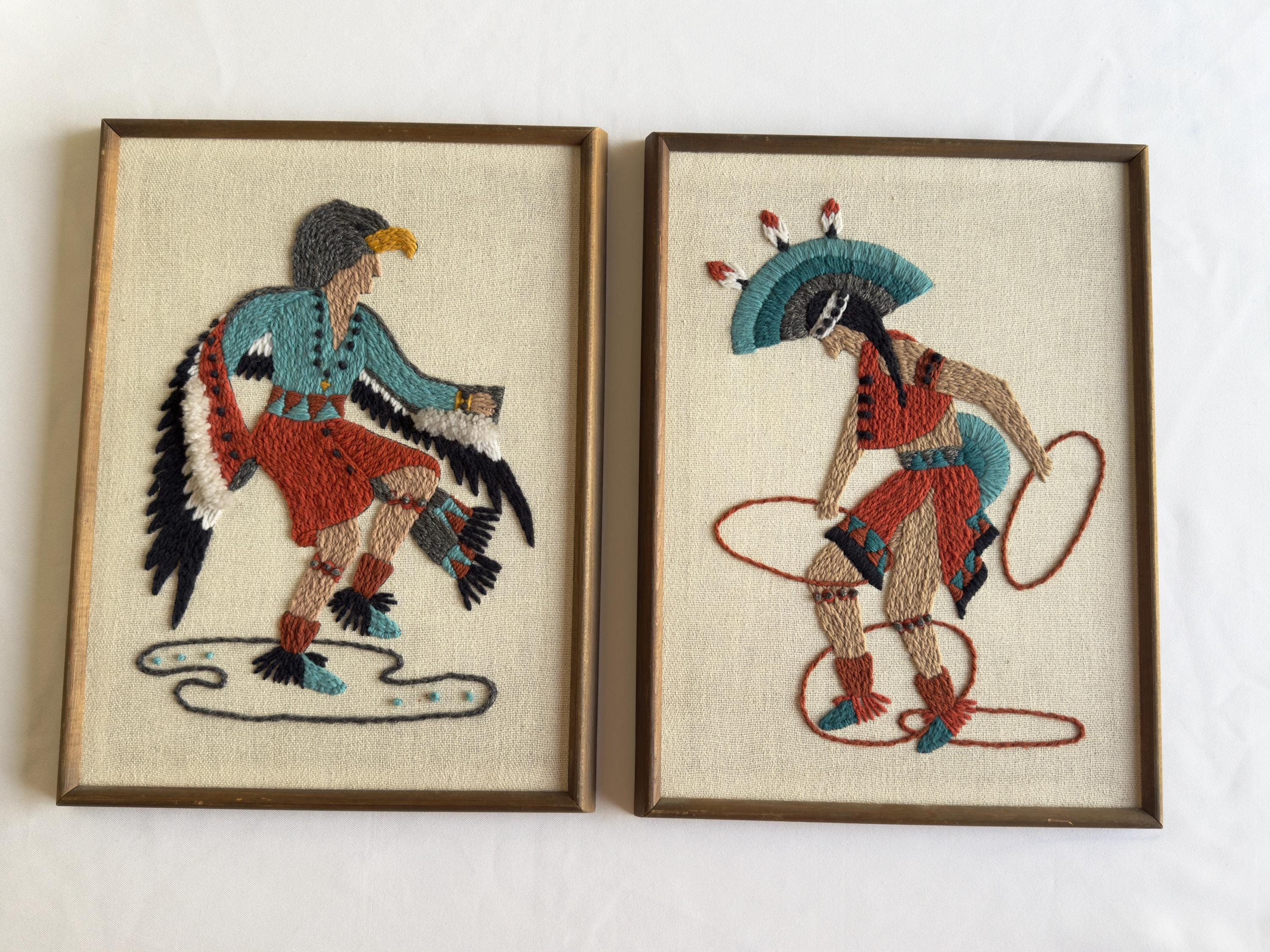 Vintage Pair of Framed Native American Needlework Wall Hangings ...