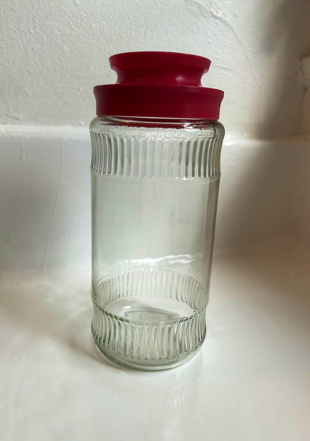 Vintage Glass Storage Jar W/red Plastic Top - Etsy
