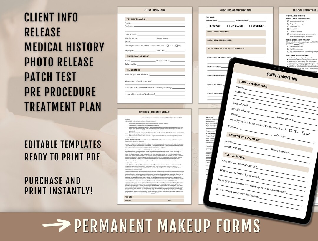 PMU Client Forms, Permanent Makeup Consent Forms Bundle, PMU Release ...